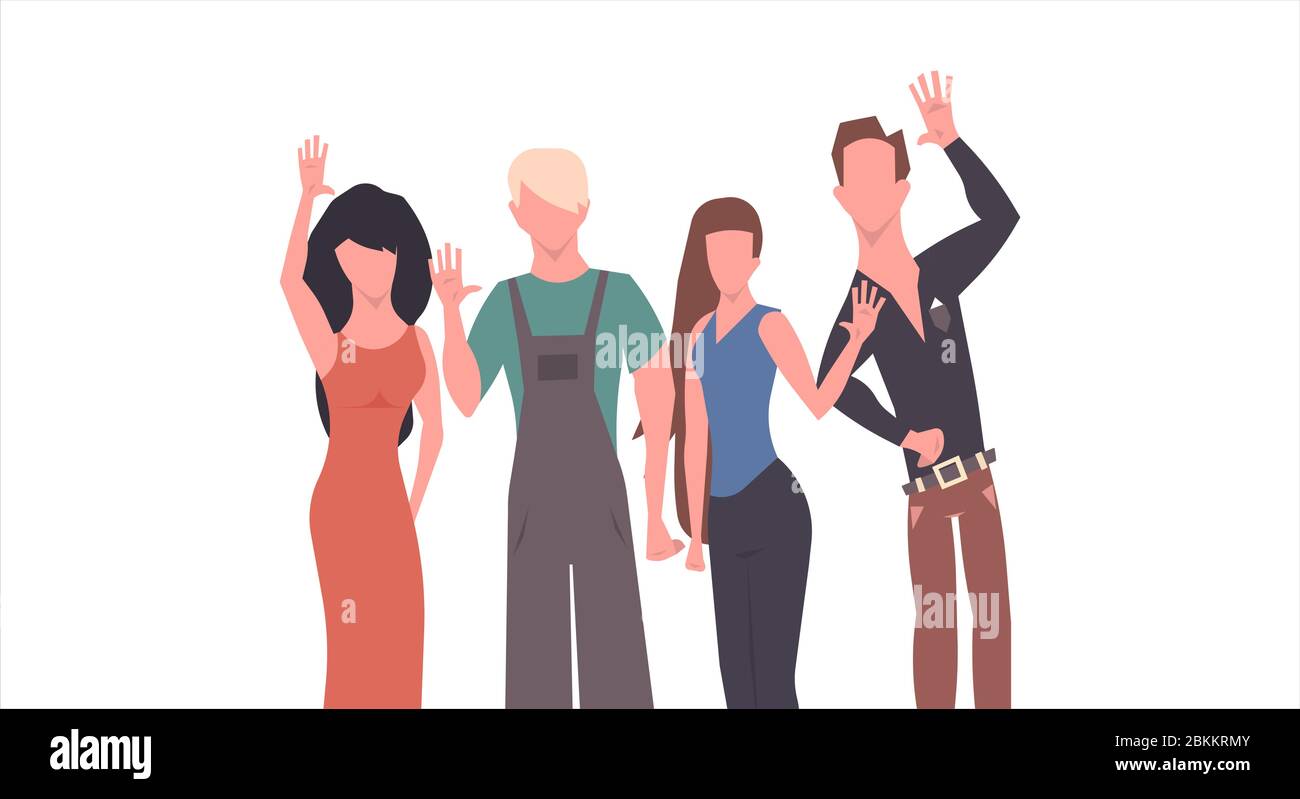People greeting hand gesture vector flat illustration. Group say hello ...