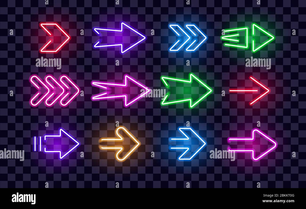 Neon Right Arrows colorful vector icons set. Realistic glowing pointers ...