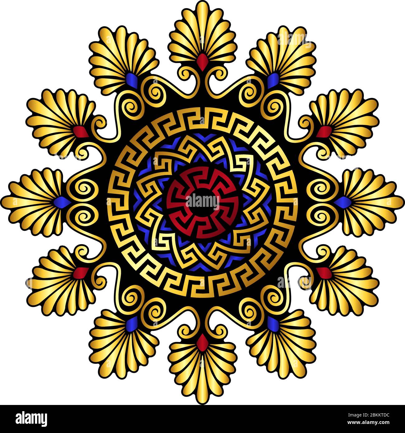 Traditional vintage gold and red circle Greek ornament and floral ...