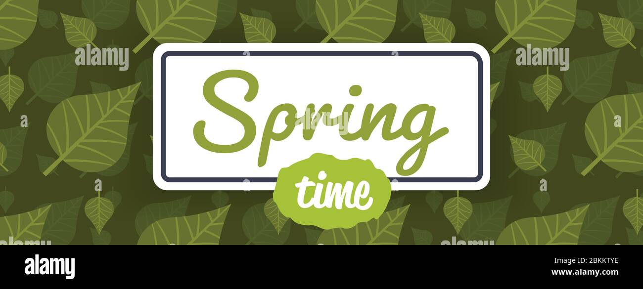 spring poster green leaves background seamless pattern lettering ...