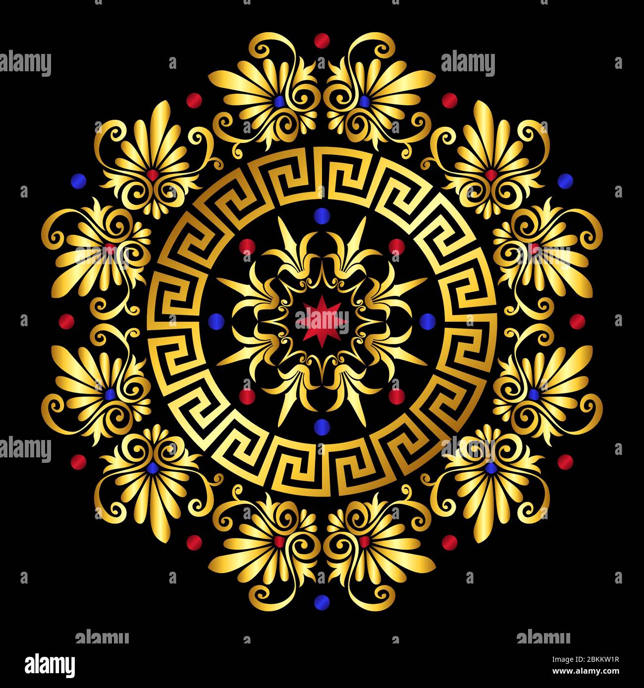 Traditional vintage gold and red circle Greek ornament and floral ...
