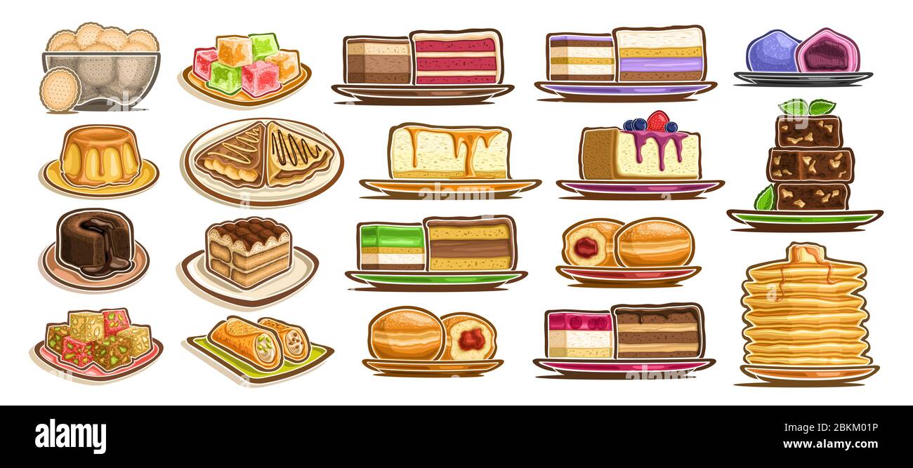 Vector Set of assorted Desserts, lot collection of 19 isolated delicate ...