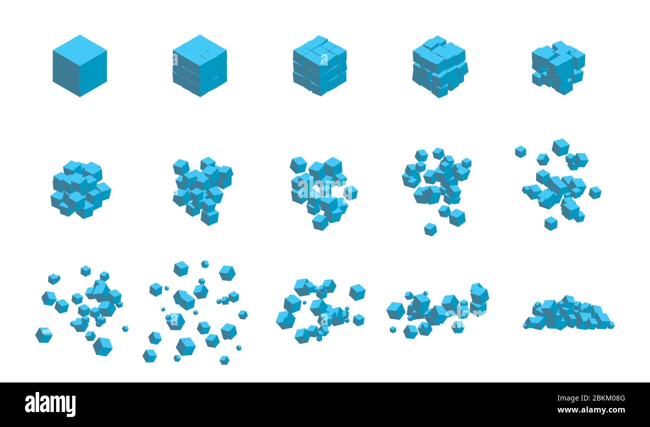 Stages of destruction of a cube by an explosion. Template for web ...
