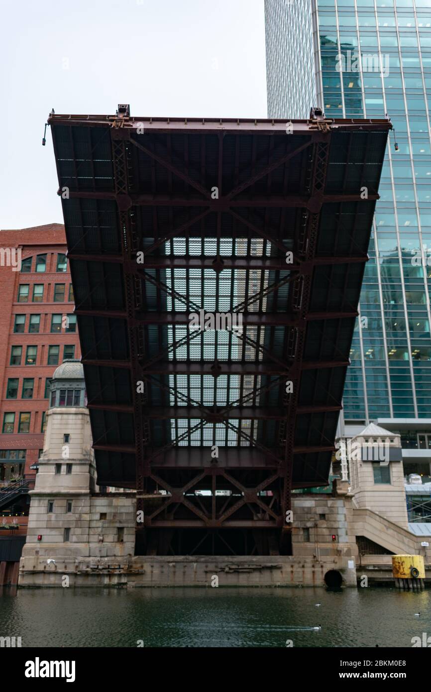 Underneath the Clark Street Bridge raised over the Chicago River in ...