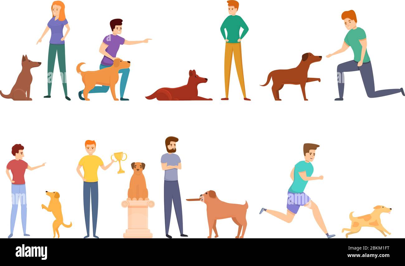 Dog handler icons set. Cartoon set of dog handler vector icons for web ...