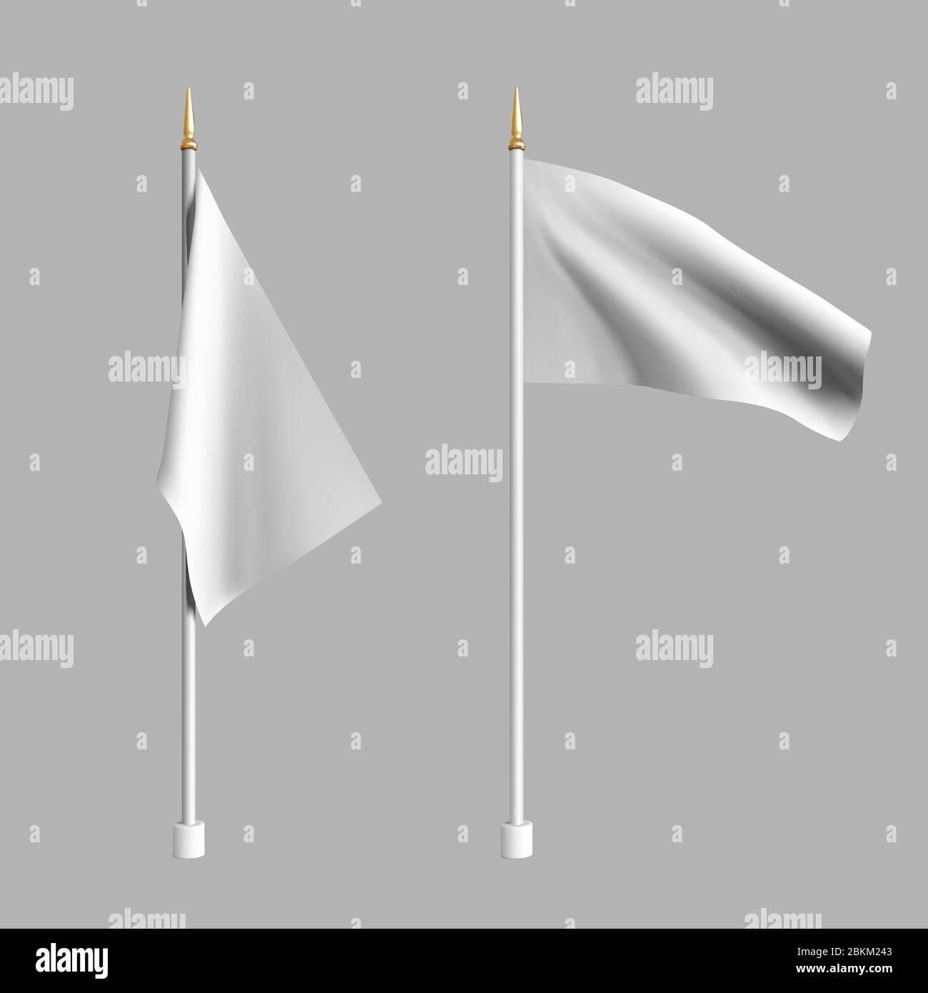 Realistic white flag waving in the wind. Set 3D advertising textile vector flags. Template for ...