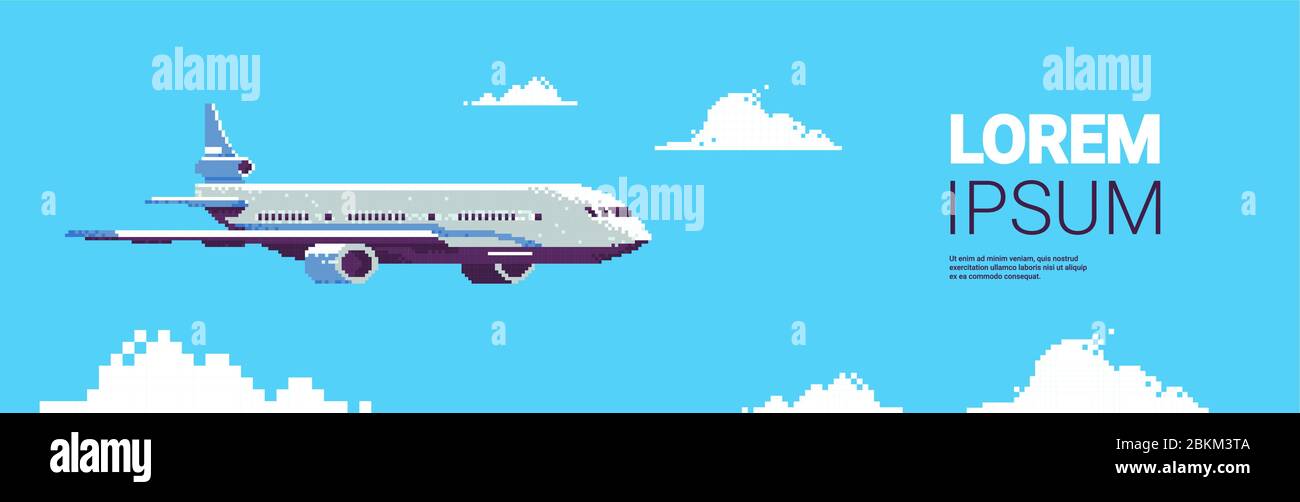 pixel art plane aircraft flying in sky air passenger transport airline ...