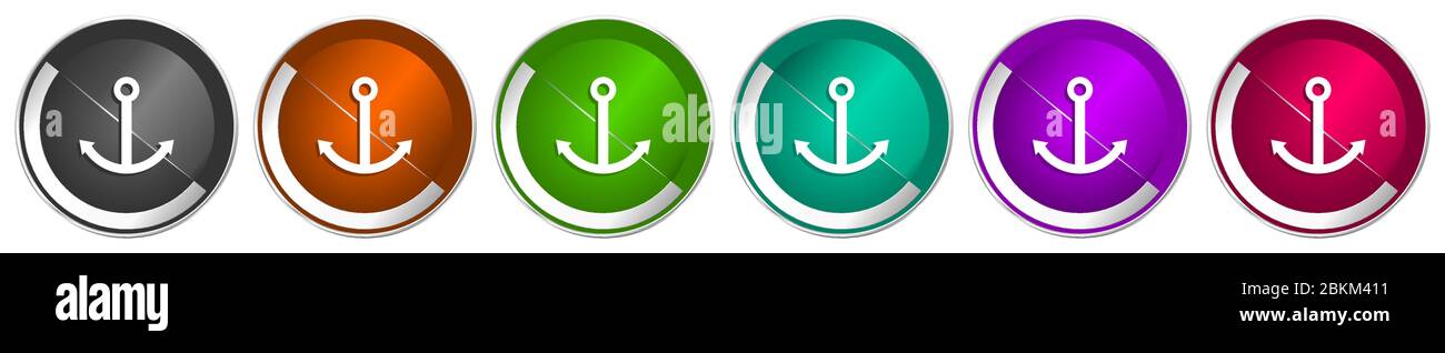 Anchor icon set, silver metallic chrome border vector web buttons in 6 colors options for ...
