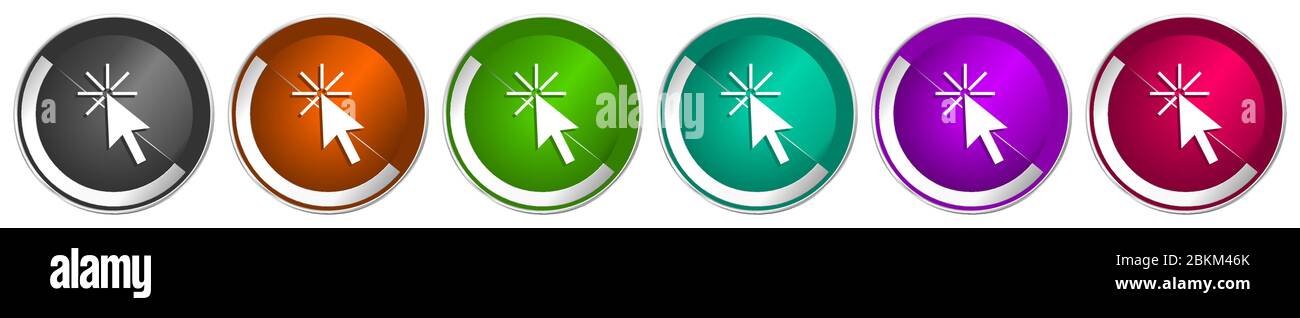 Click here icon set, silver metallic chrome border vector web buttons ...