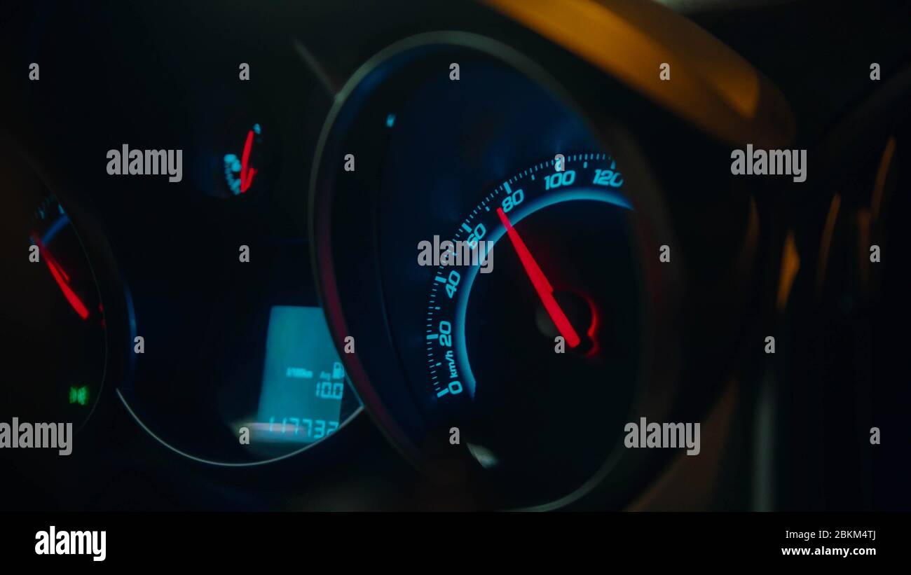 Dashboard in the car - neon bright speedometer. Mid shot Stock Photo ...