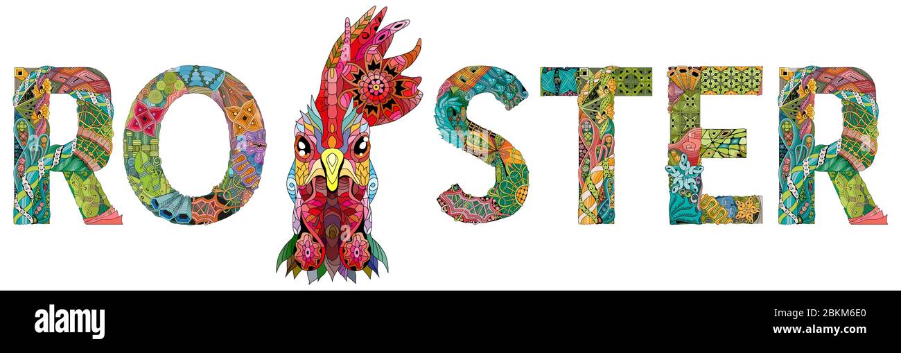 Word rooster with bird head. Vector zentangle object for decoration ...