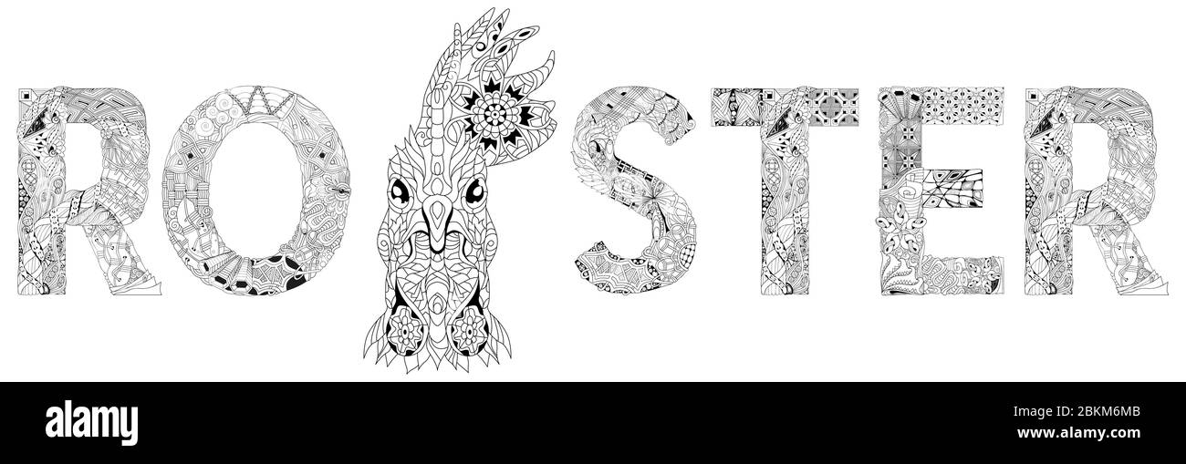 Word rooster with bird head. Vector zentangle object for coloring Stock ...