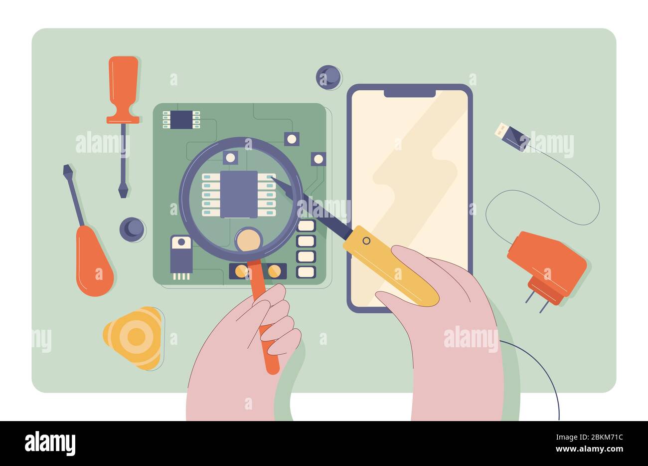 Cartoon technician male hands mobile phone repair use tools top view ...