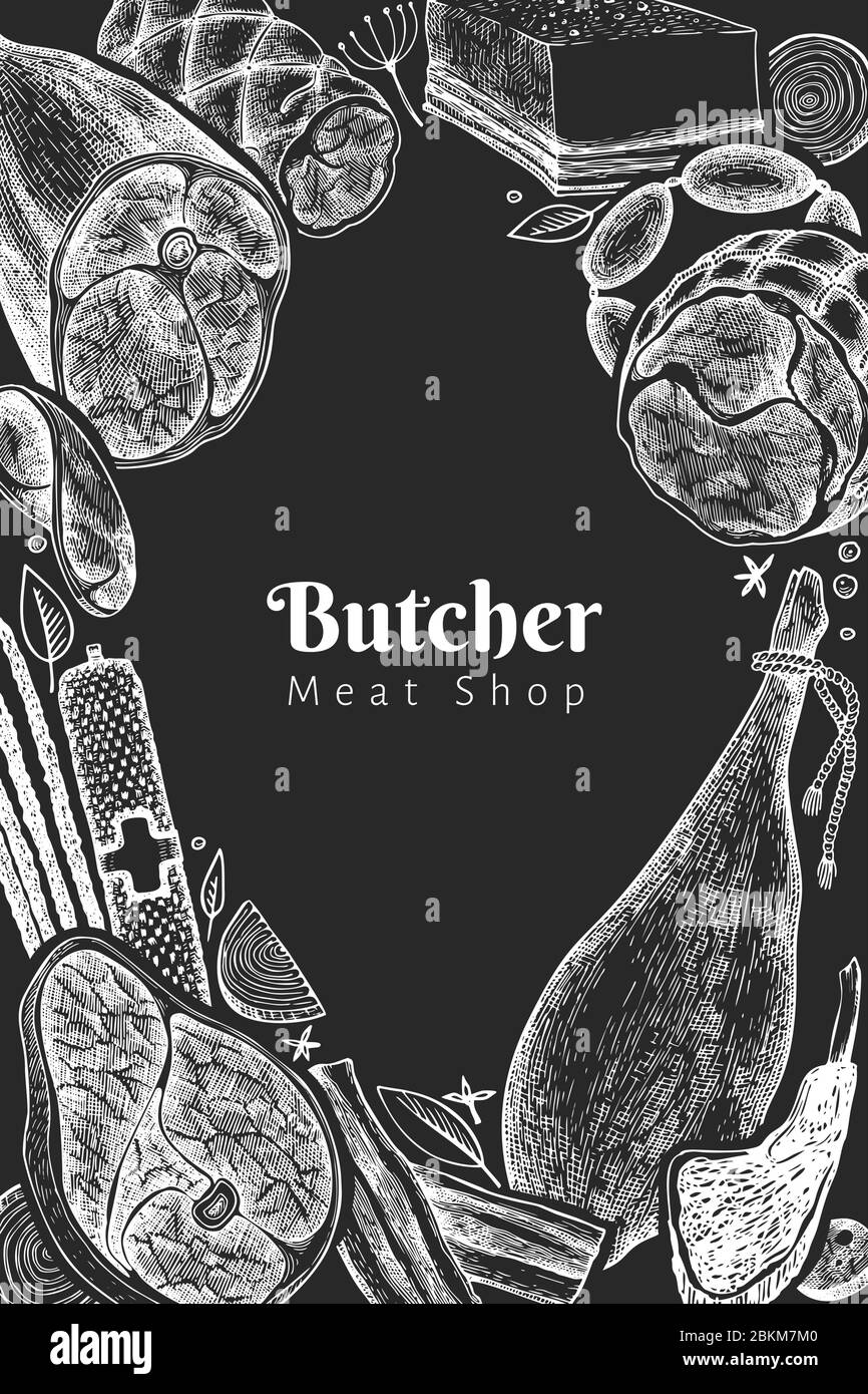 Vintage vector meat products design template. Hand drawn ham, sausages ...