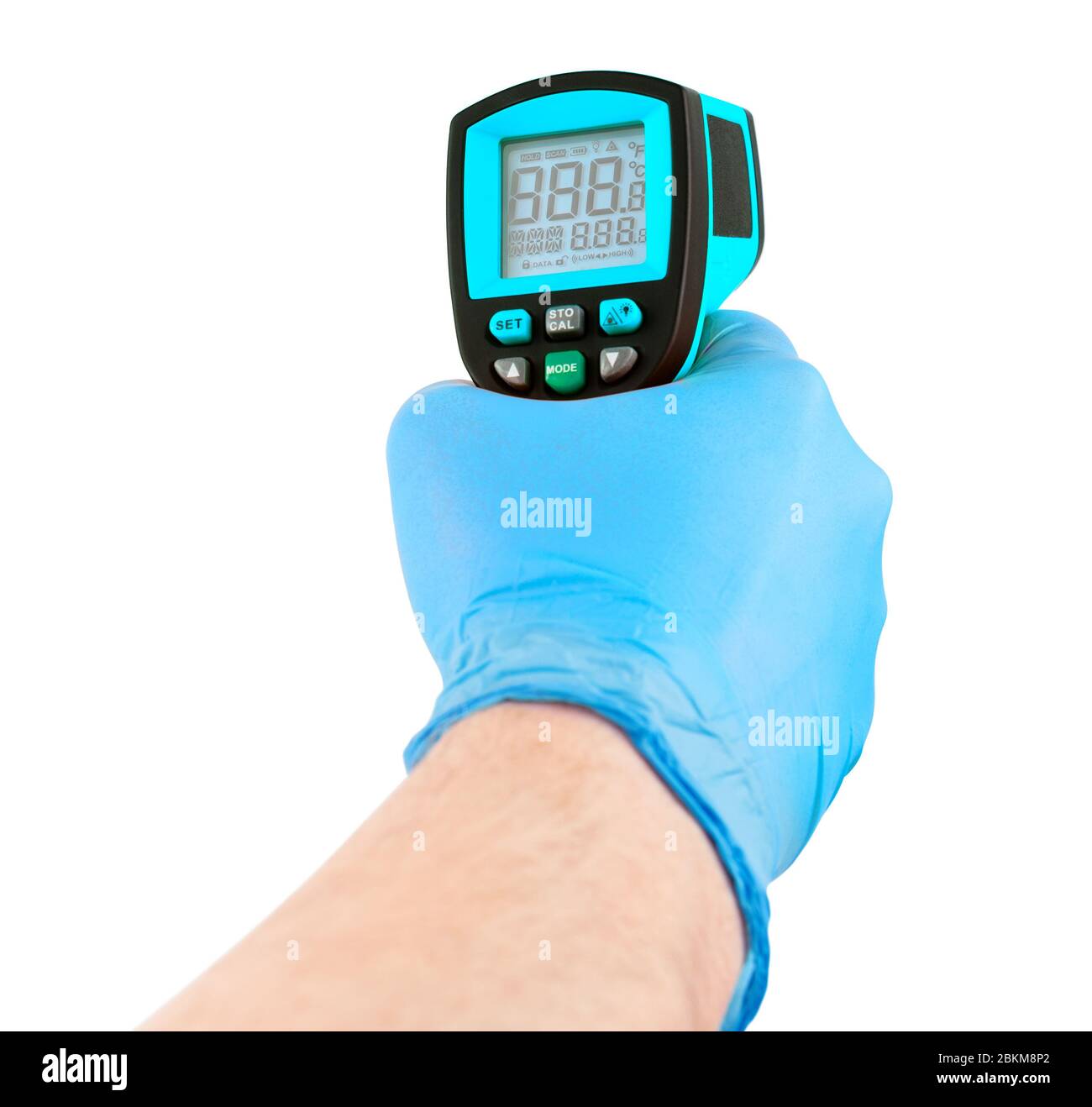 hand in blue medical latex glove aiming with blue infrared contactless ...