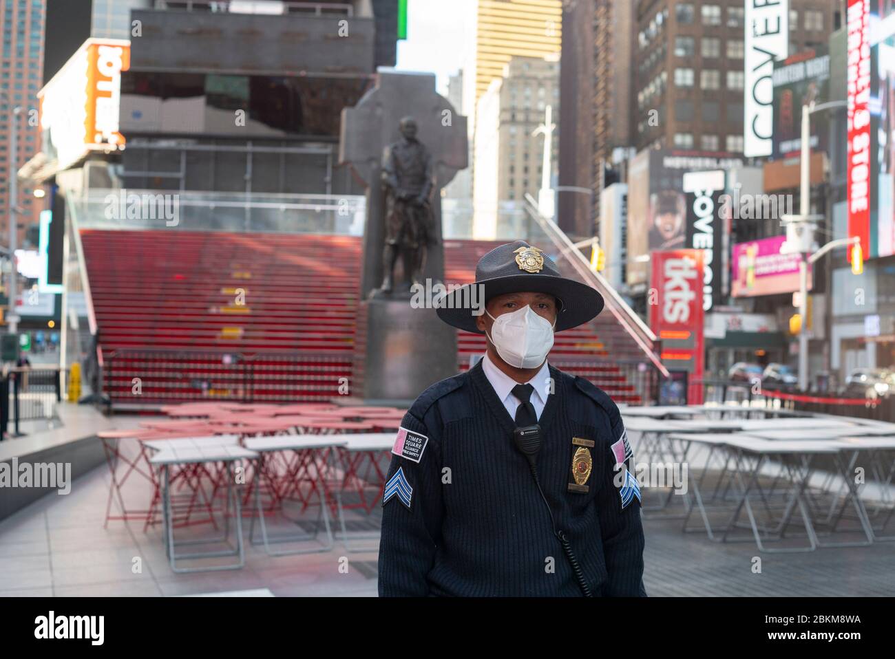 May 5, 2020, New York, NY, USA: A lone security guard watches over ...