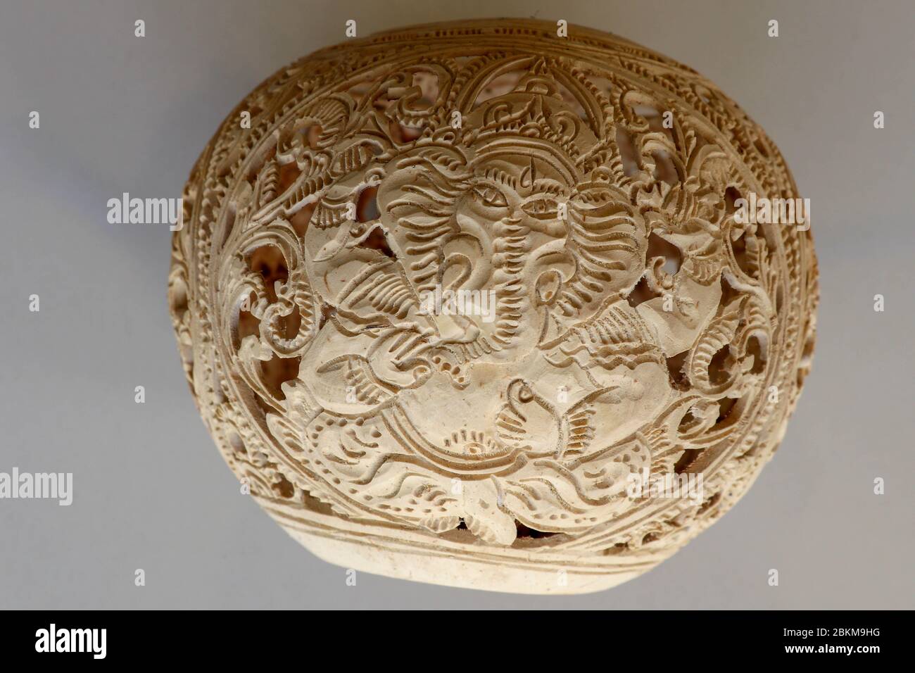 Close up of ornamental shell for candle. Hand carved decorative ...