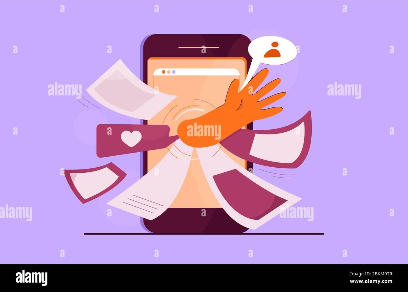 Cartoon human hand twisting surrounded by message, social networks ...
