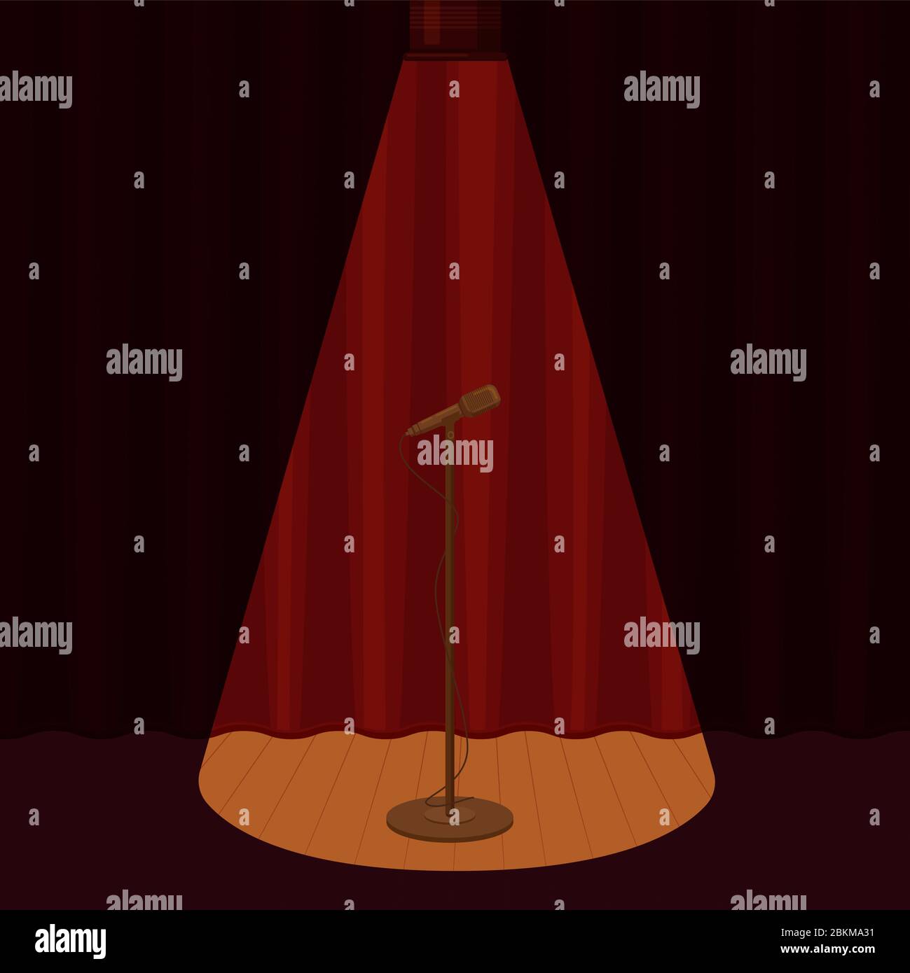 Cartoon microphone on empty scene surrounded by spotlight light vector ...