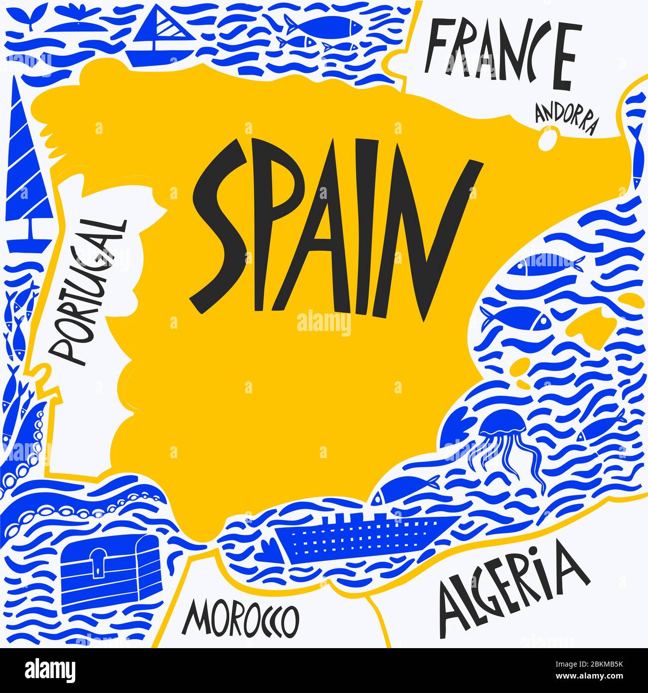 Vector hand drawn stylized map of Spain. Travel illustration of Spain ...