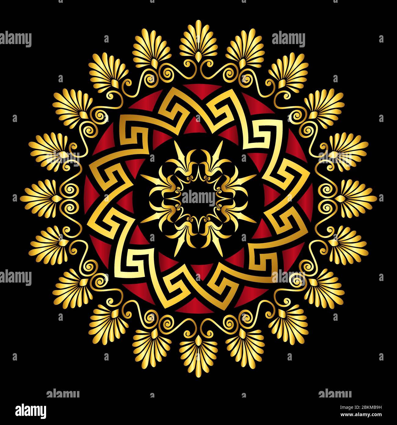 Traditional vintage gold and red circle Greek ornament and floral ...