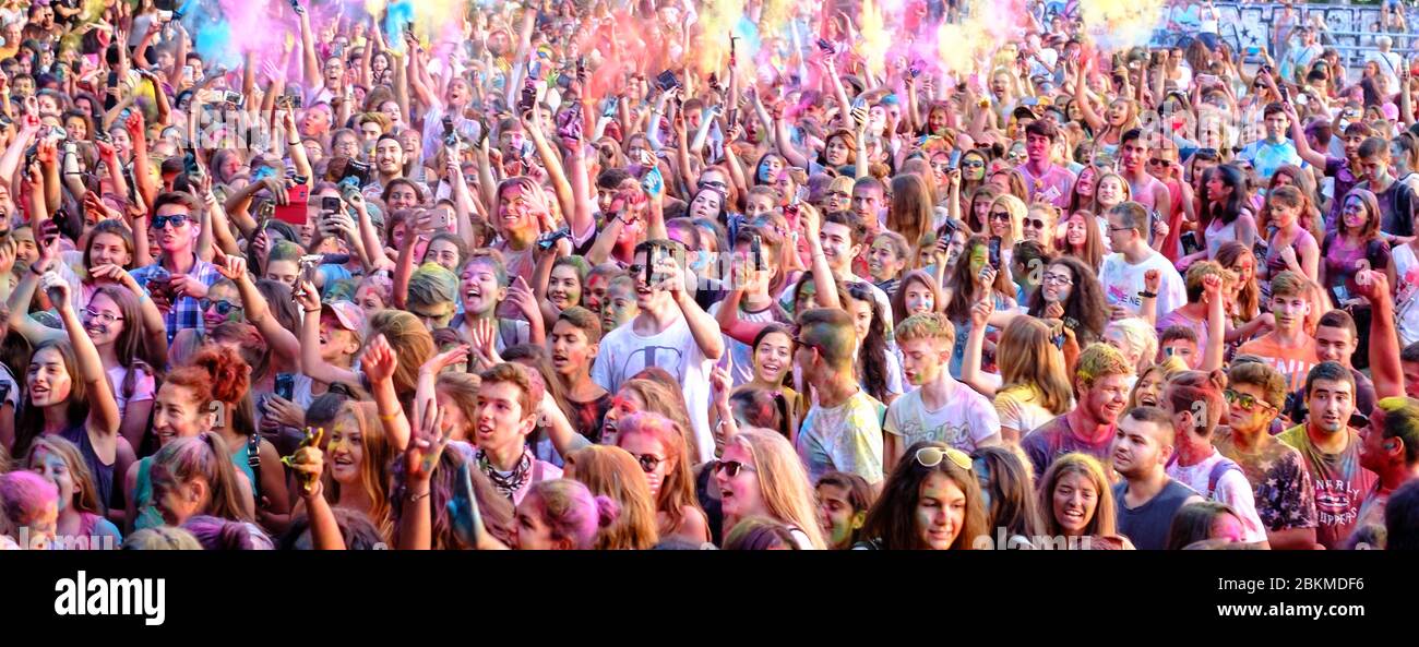 Ruse city, Bulgaria - June 28, 2017. Happy young people dancing and ...