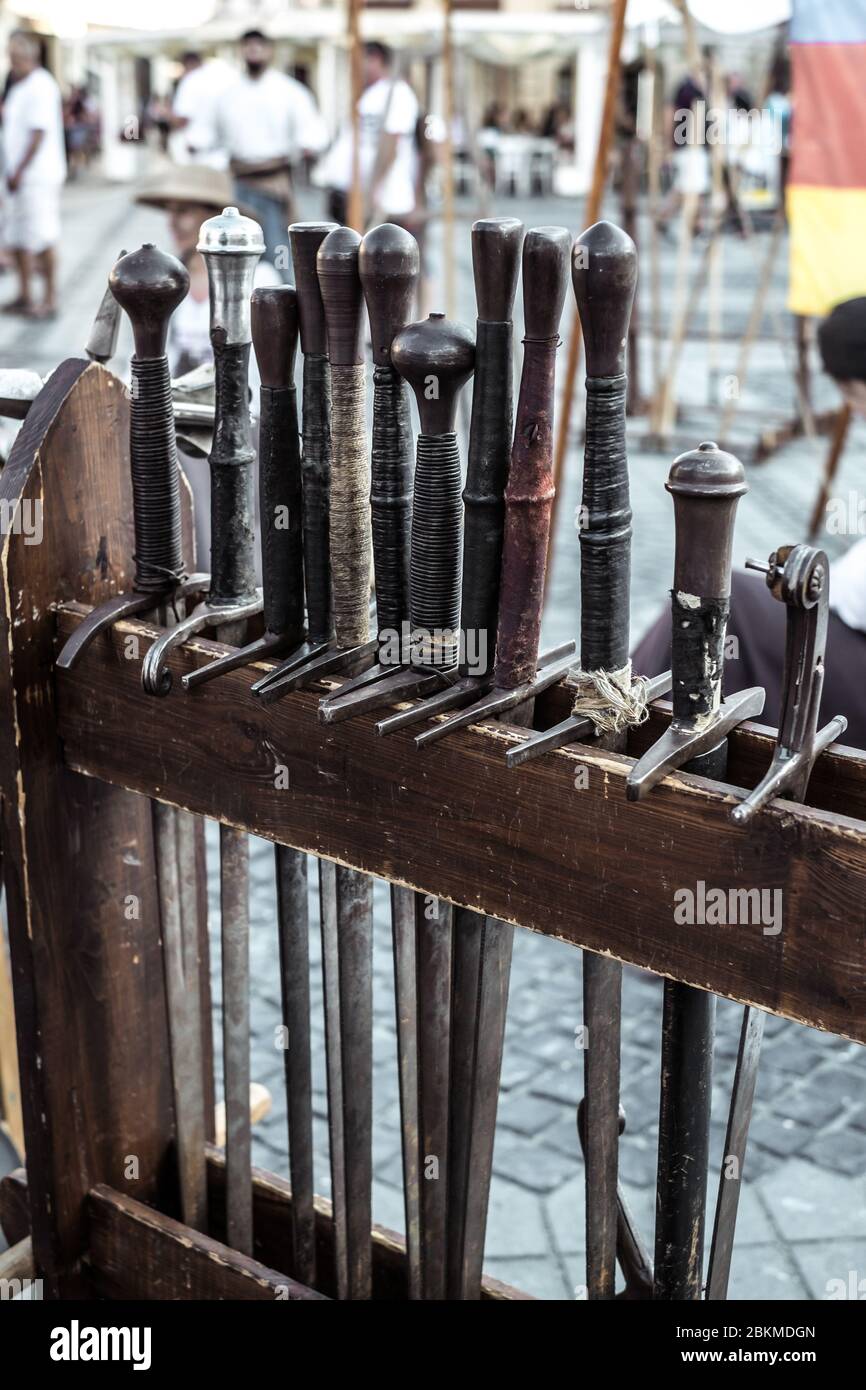 Sibiu City, Romania - 24 August 2019. medieval knight armor and weapons ...