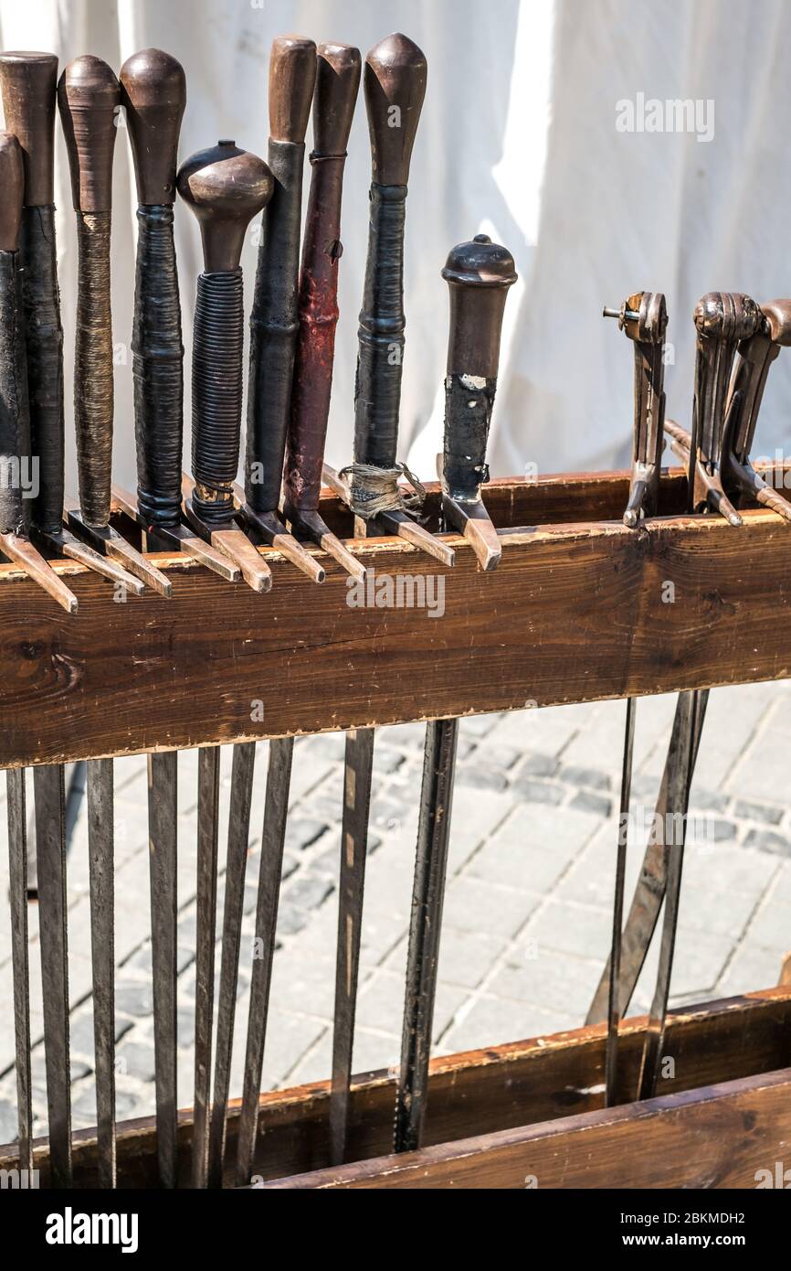 Sibiu City, Romania - 24 August 2019. medieval knight armor and weapons ...