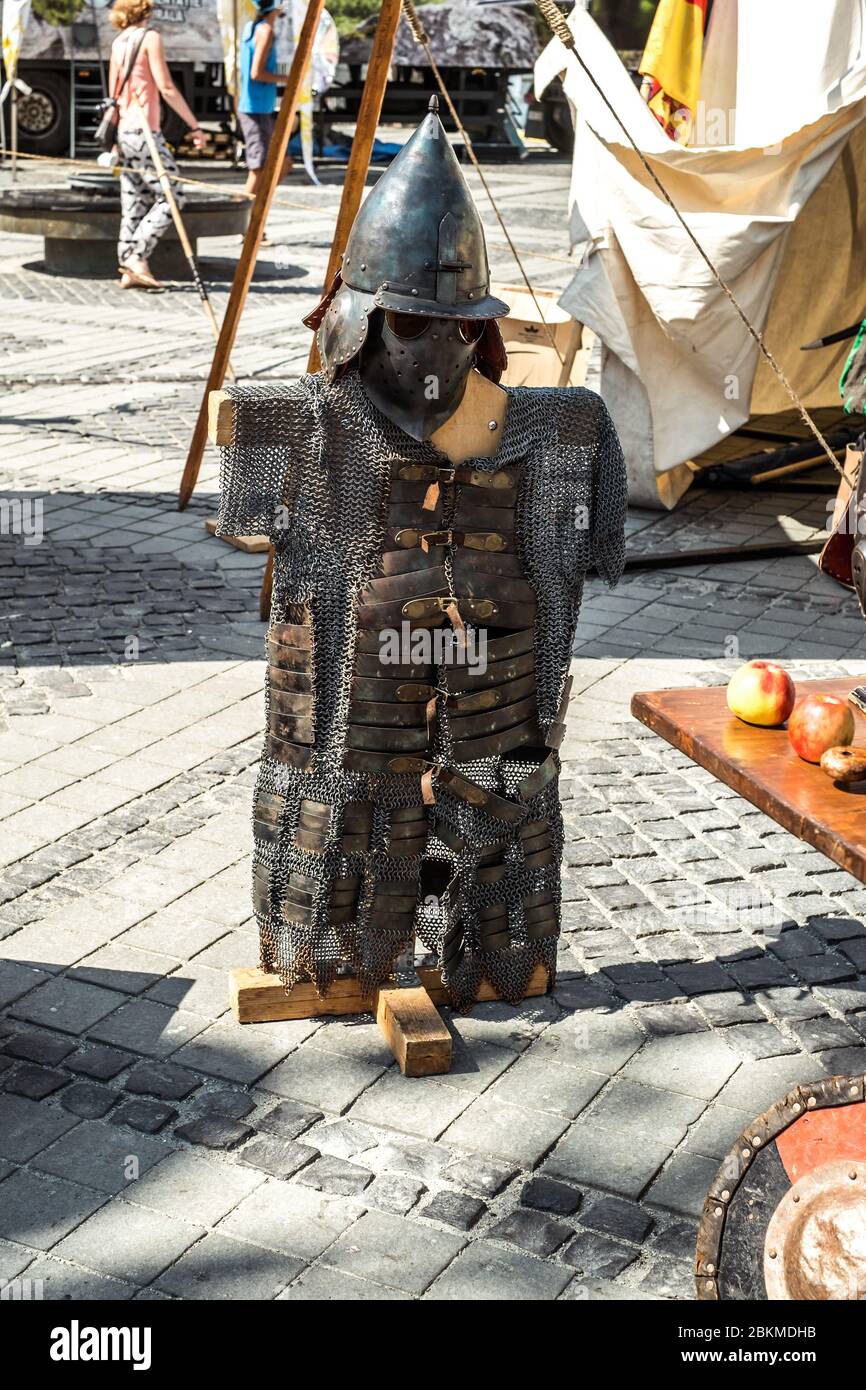 Sibiu City, Romania - 24 August 2019. medieval knight armor and weapons ...