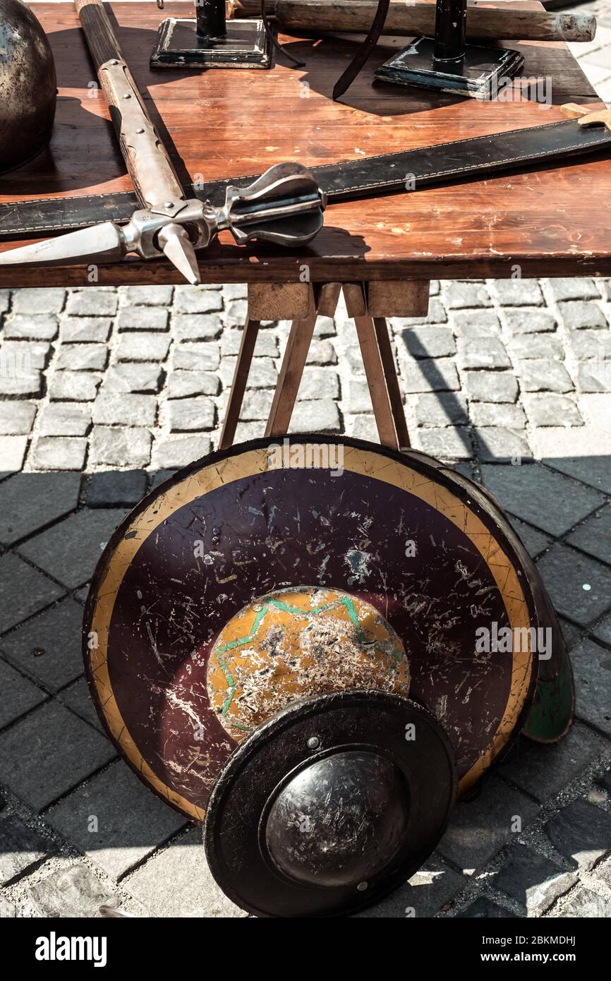 Sibiu City, Romania - 24 August 2019. medieval knight armor and weapons ...