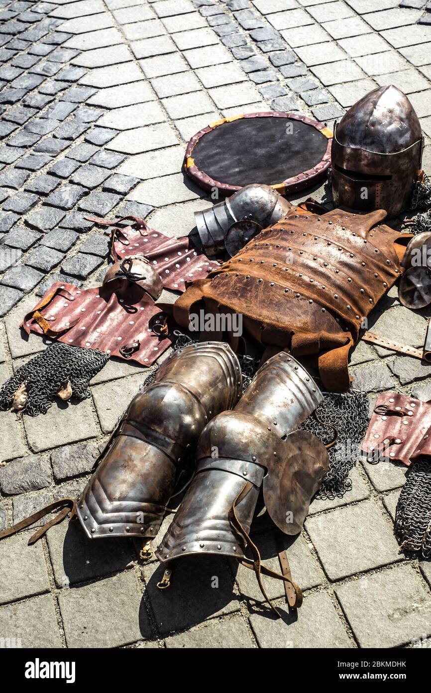 Sibiu City, Romania - 24 August 2019. medieval knight armor and weapons ...