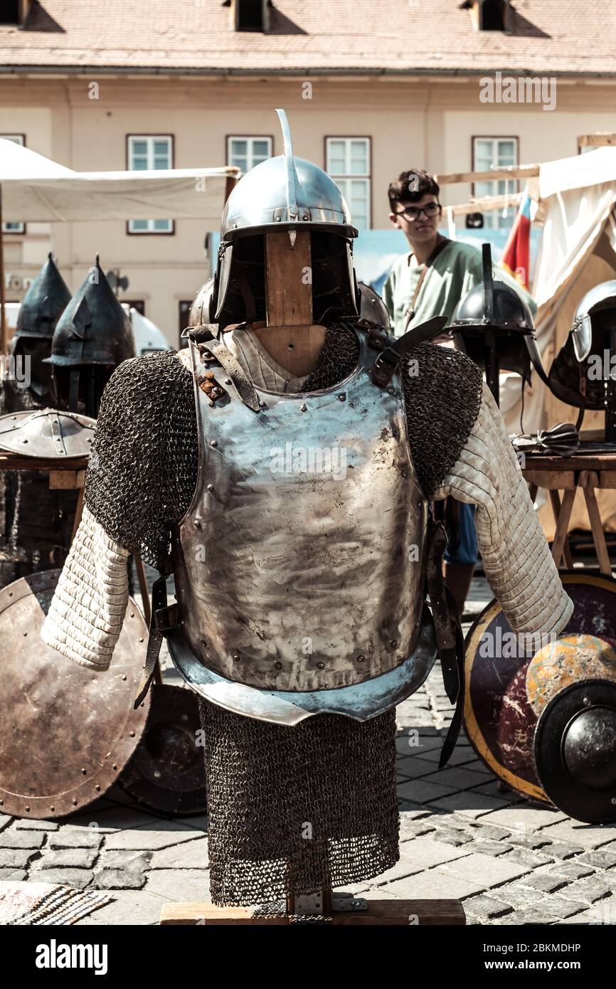 Sibiu City, Romania - 24 August 2019. medieval knight armor and weapons ...