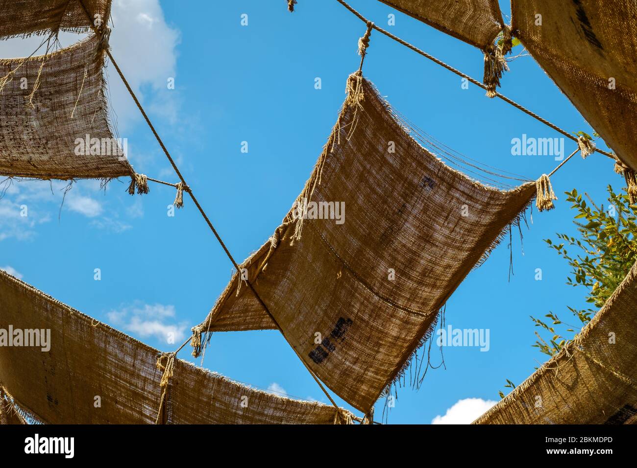 old jute sacks draping ceiling Stock Photo - Alamy