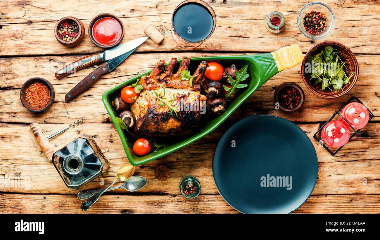 Pork loin or roasted rack of pork with vegetable.Grilled food Stock ...