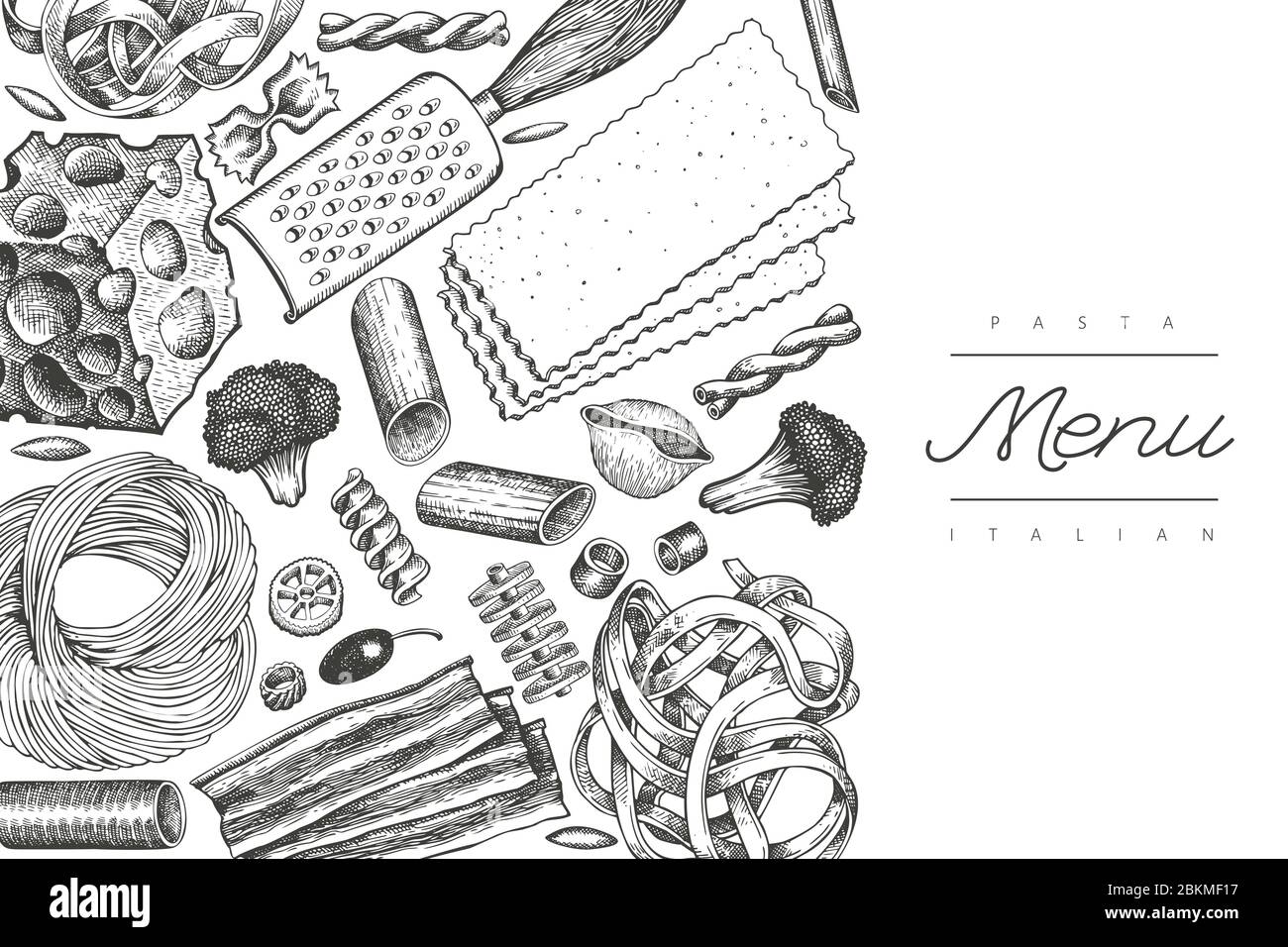 Italian pasta with additions design template. Hand drawn vector food ...