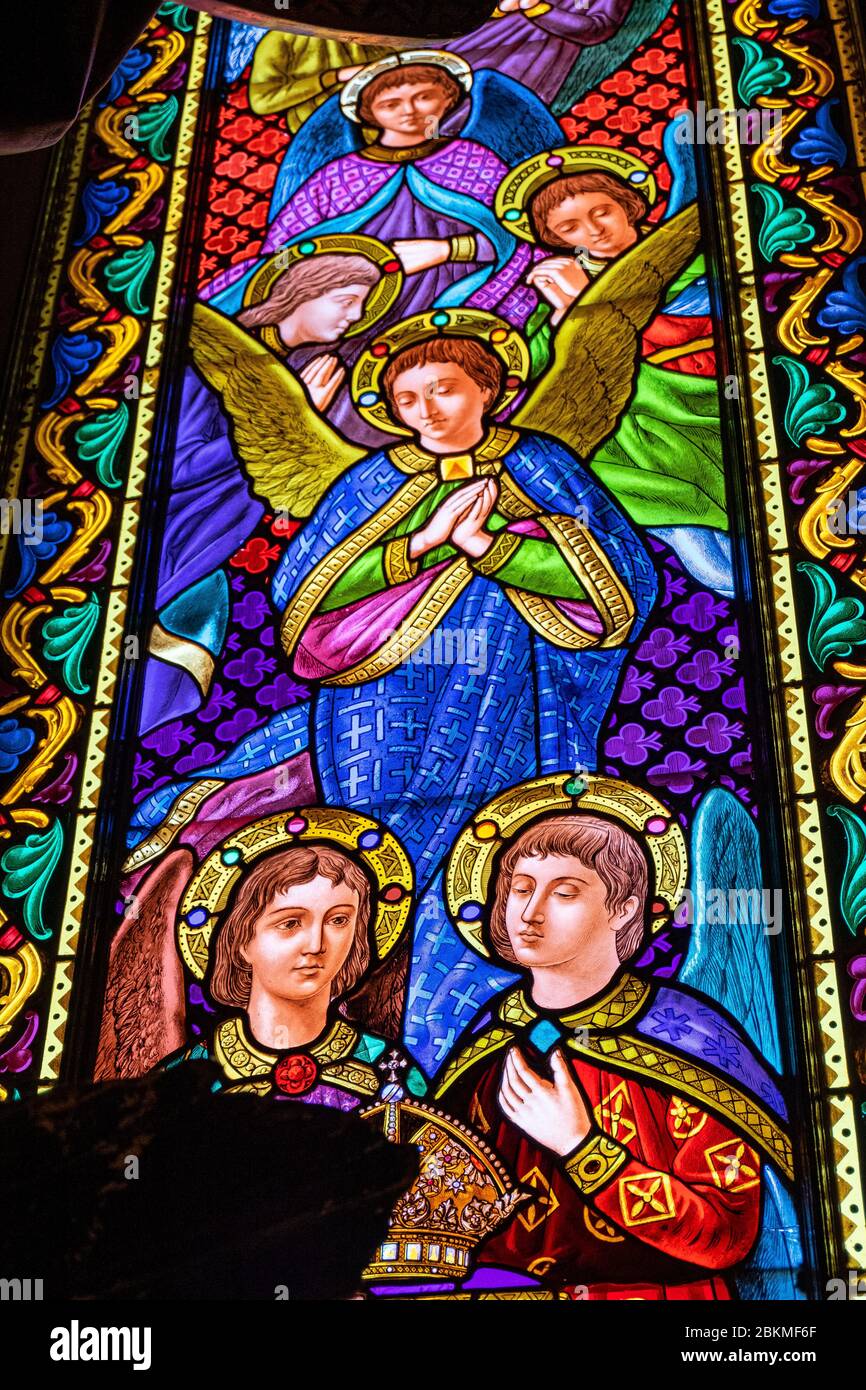Stained glass window, Montserrat monastery on mountain in Barcelona ...