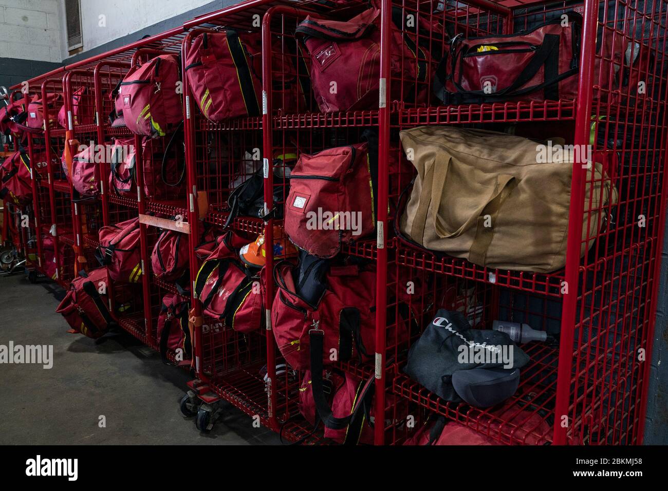 New York, United States. 04th May, 2020. View of row of duffle bags ...