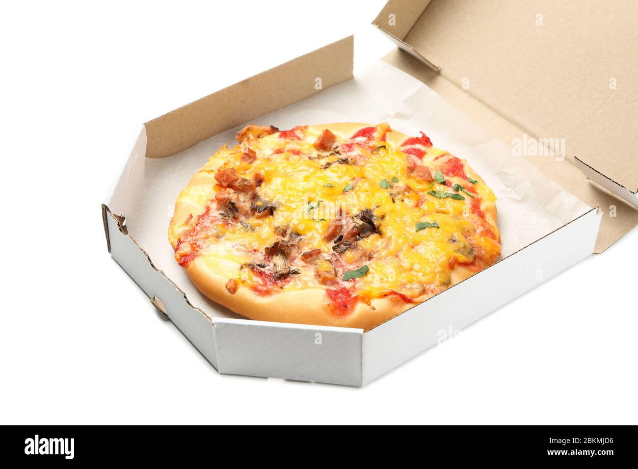 Pizza in take away box isolated on white background Stock Photo - Alamy