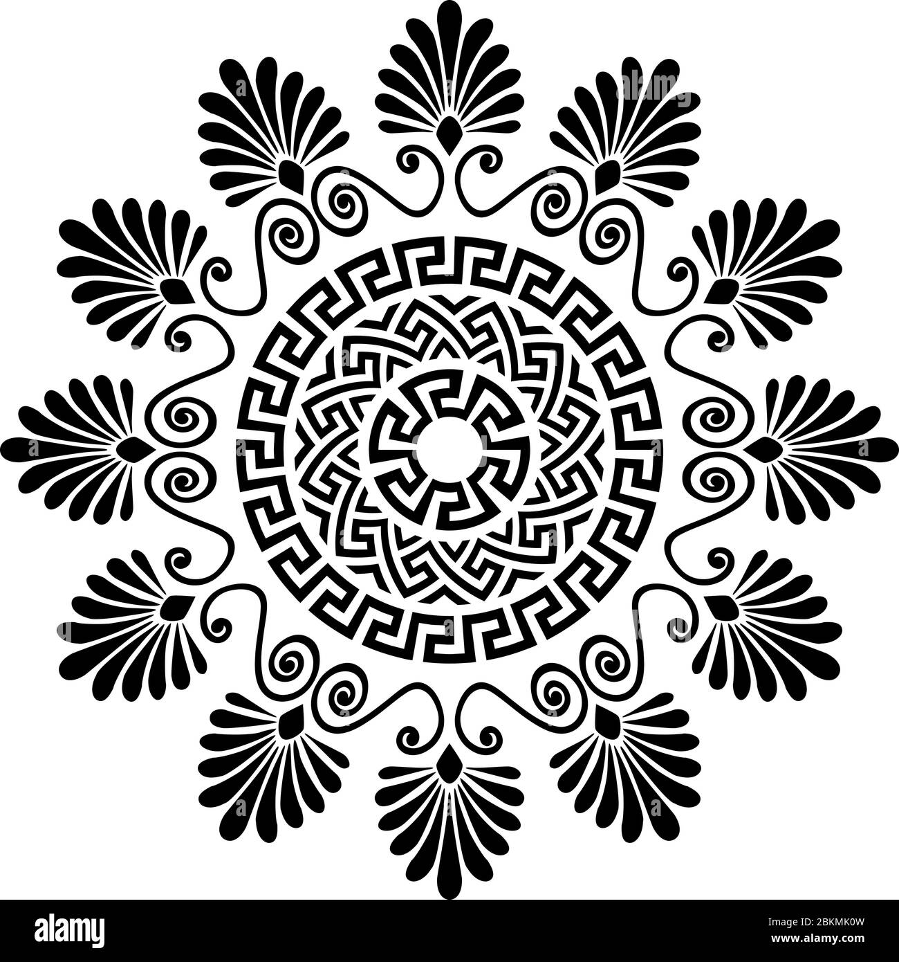 Traditional vintage black and white circle Greek ornament and floral ...