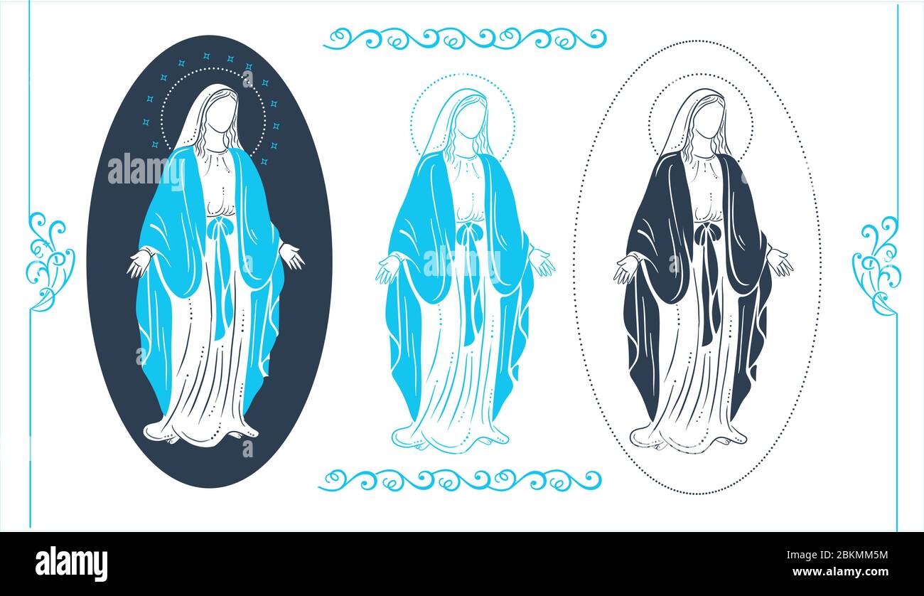 set of illustrations of the virgin mary as a design element for ...