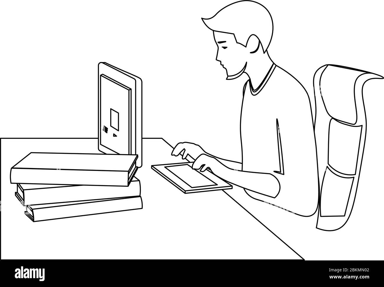 Minimal line art of workplace and the young man sitting at the computer ...