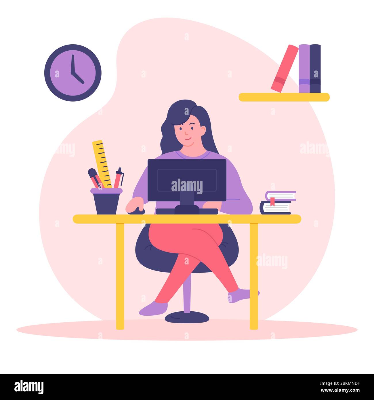 Stay home concept illustration. Women in front of computer studying ...