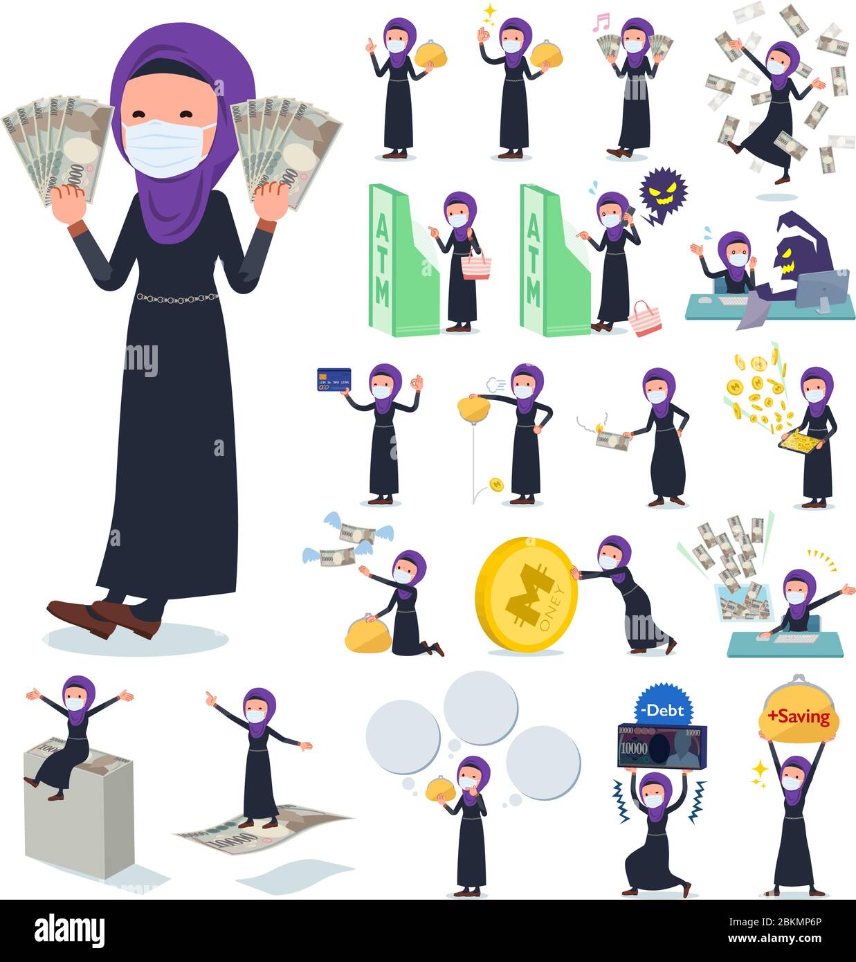 A set of women wearing mask and hijab with concerning money and economy ...