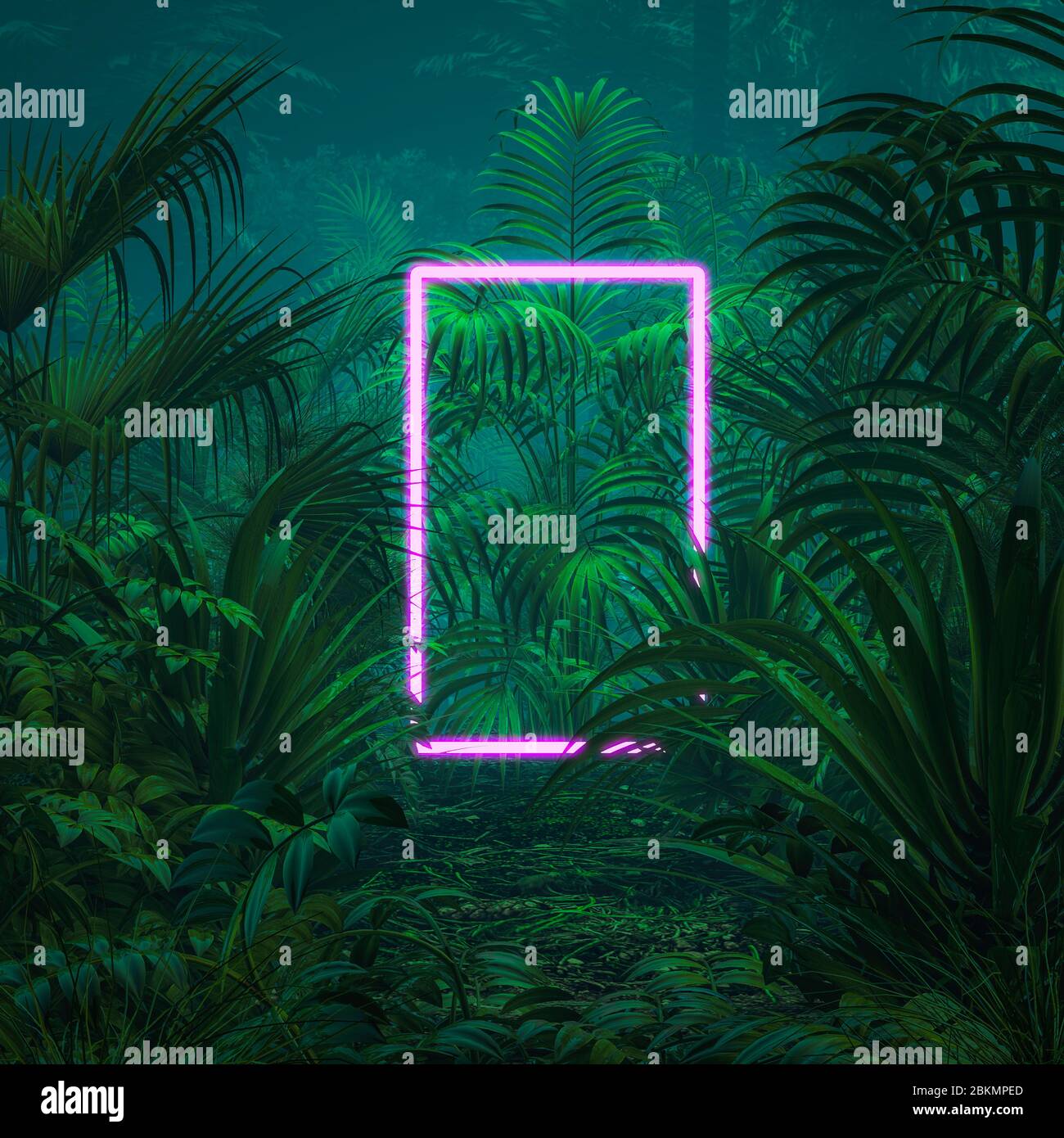 Neon tropical portal / 3D illustration of surreal glowing rectangular ...