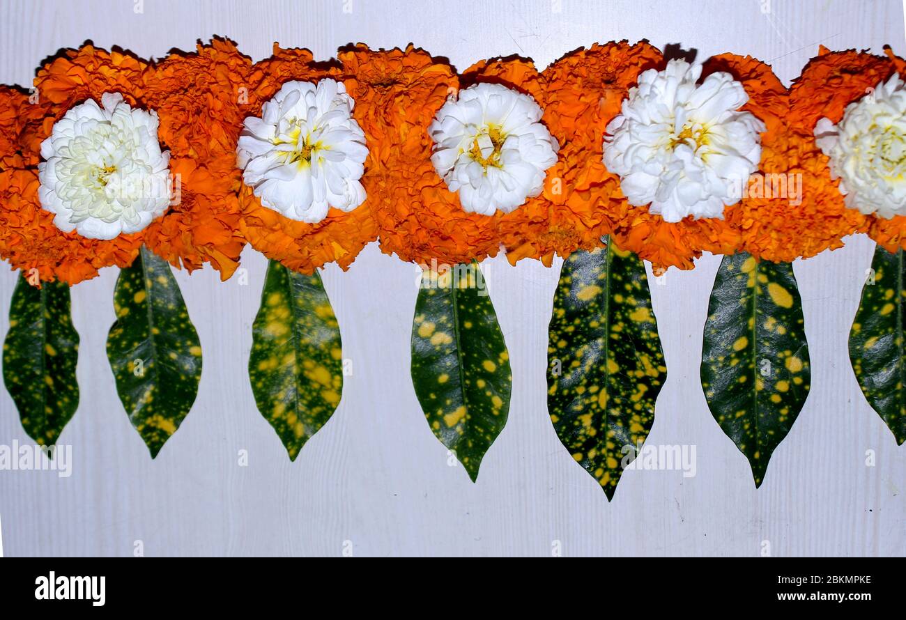 marigold and chrysanthemum flower hanging row design, rangoli, floral ...