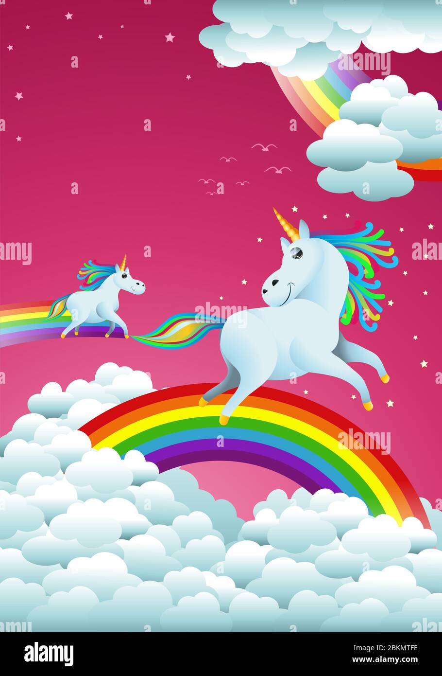 illustration of cute couple unicorns on rainbow fantasy fairy tale ...