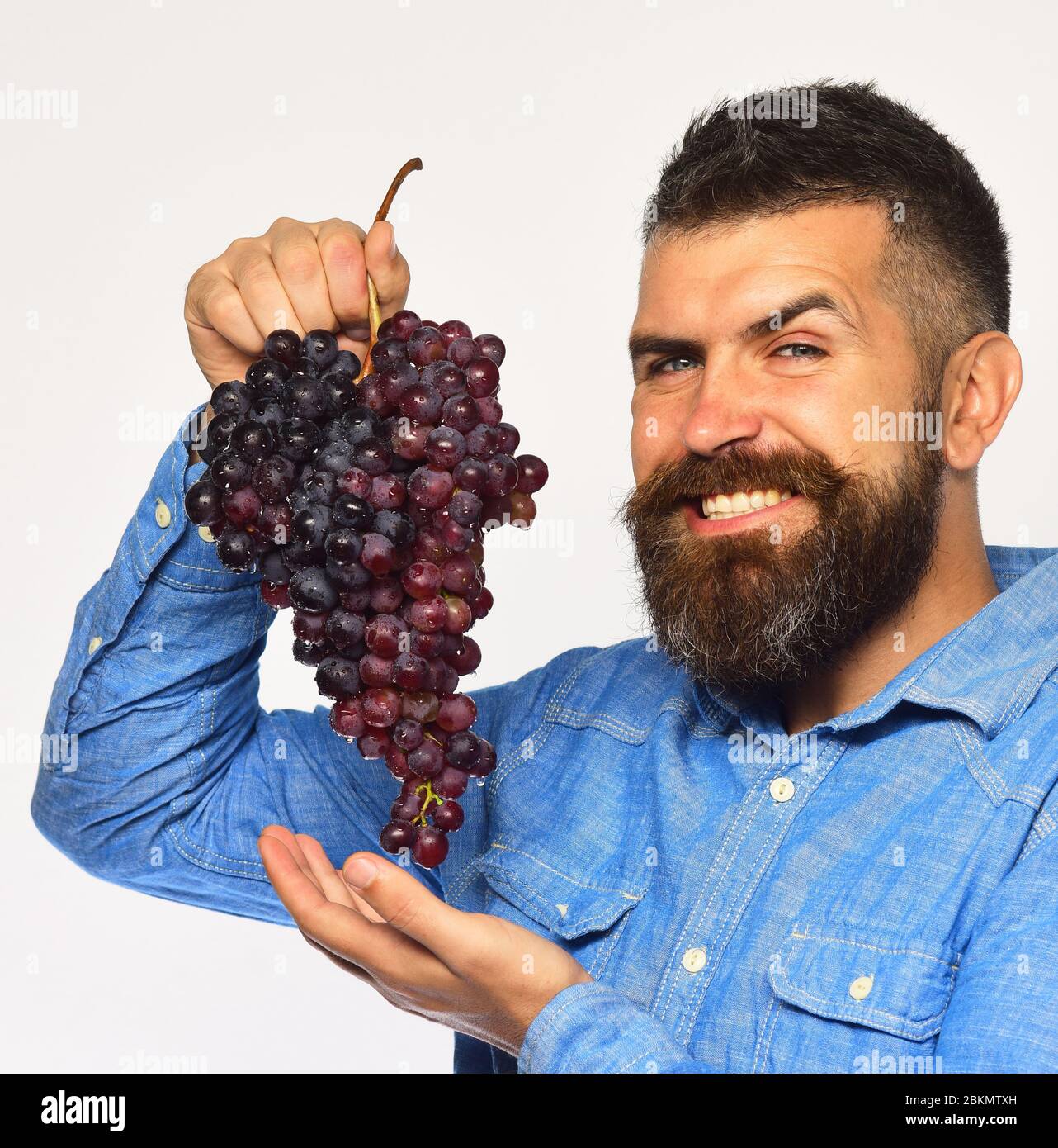 Viticulture and gardening concept. Winegrower with tricky smiling face ...