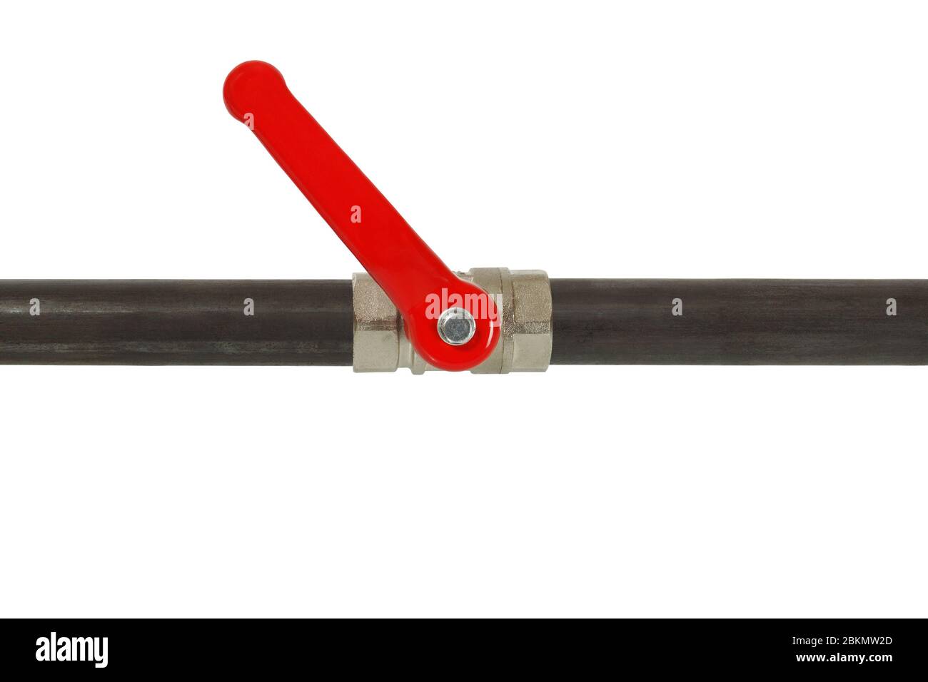 Pipe and half open valve with red handle isolated on white background ...