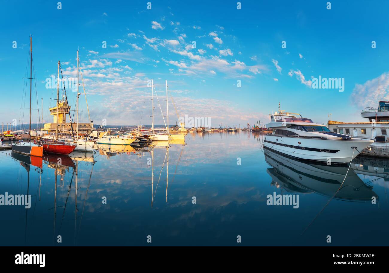 Calm morning at Yacht port Varna, Bulgaria. Sailboat harbor, many ...