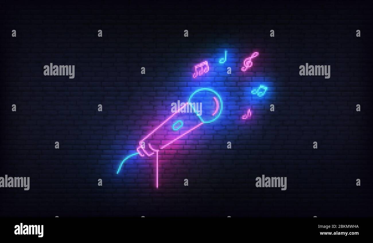 Neon microphone with music notes. Template for karaoke, live music ...